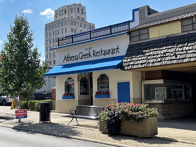 The iconic blue awning of Athena Greek Restaurant has been a Mansfield landmark since 1977, beckoning hungry Ohioans with Mediterranean promises.