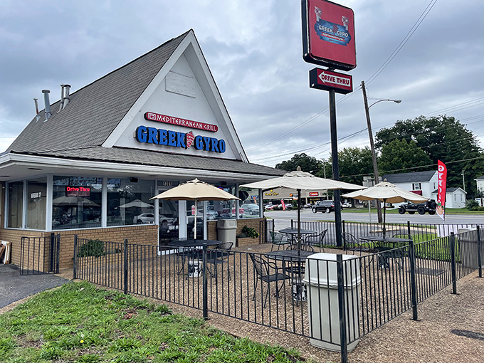 The distinctive A-frame building of Greek Gyros stands like a Mediterranean beacon in Murfreesboro, complete with outdoor seating for those perfect Tennessee evenings.