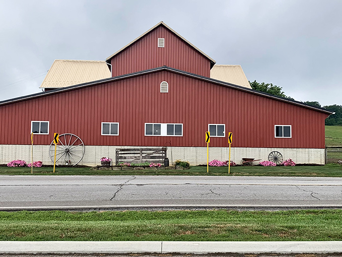 The iconic red barn of Hershberger's stands like a beacon of deliciousness against the Ohio sky, promising homemade treats and farm-fresh goodness inside.