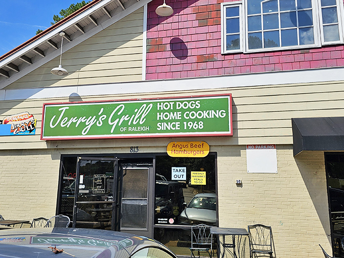 The iconic green sign of Jerry's Grill promises simple pleasures: hot dogs and home cooking that have kept Raleigh locals coming back since 1968.