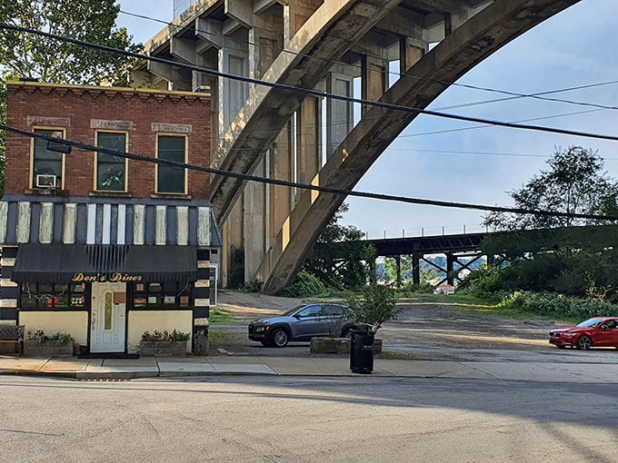 Don's Diner stands proudly beneath Pittsburgh's infrastructure, its classic striped awning and flower boxes offering a warm welcome to hungry travelers.