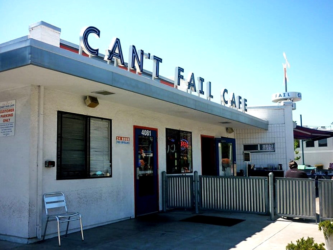 The unassuming exterior of Rudy's Can't Fail Cafe proves that culinary treasures often hide in plain sight. Classic diner architecture with a punk rock attitude.
