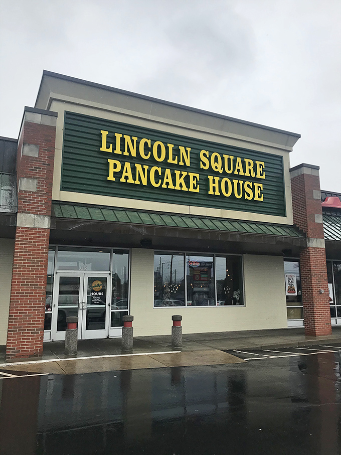 The green and yellow beacon of breakfast hope stands proudly in an Indianapolis strip mall, promising pancake perfection to all who enter.