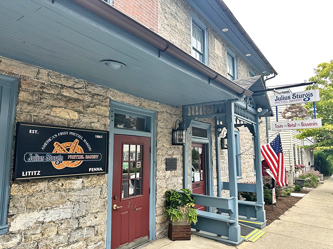 Stone meets brick in this architectural time capsule where America's pretzel obsession began. The blue trim and red doors practically wink at passersby.