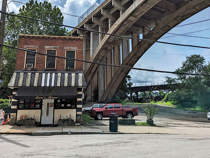 Don's Diner stands proudly beneath Pittsburgh's infrastructure, its classic striped awning and flower boxes offering a warm welcome to hungry travelers.