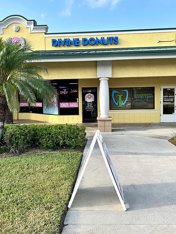 The sunshine-yellow exterior of Divine Donuts stands as a beacon of sweetness in an unassuming Fort Myers strip mall. Paradise isn't always a beach—sometimes it's a donut shop.