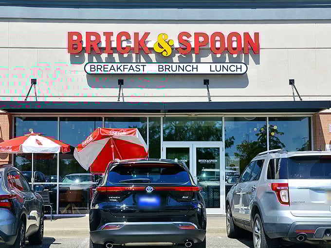 The unassuming storefront of Brick & Spoon might fool you, but those packed parking spaces tell the real story&mdash;breakfast treasures await inside. 