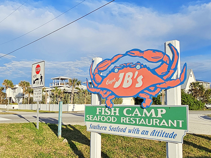 The weathered wooden exterior and bold blue sign announce you've arrived at seafood paradise. Florida authenticity doesn't get more real than this.