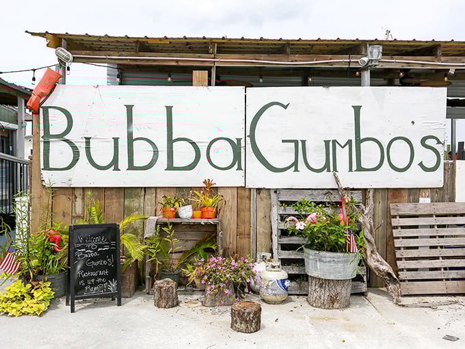 The unassuming exterior of Bubba Gumbo's proves once again that the best seafood joints often look like they might fall into the water at high tide.