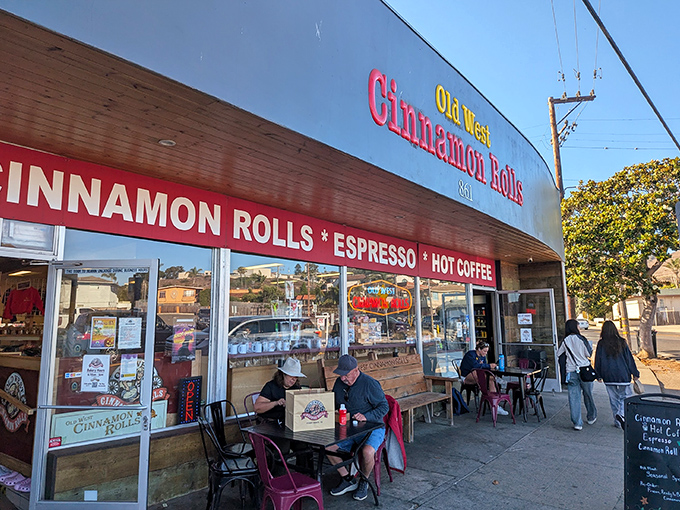 The iconic red awning of Old West Cinnamon Rolls beckons like a sugary lighthouse on Pismo Beach's shoreline. Sweet salvation awaits inside!