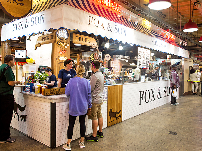 The iconic red and white awning of Fox & Son beckons like a carnival midway for your taste buds. Step right up to corn dog nirvana!