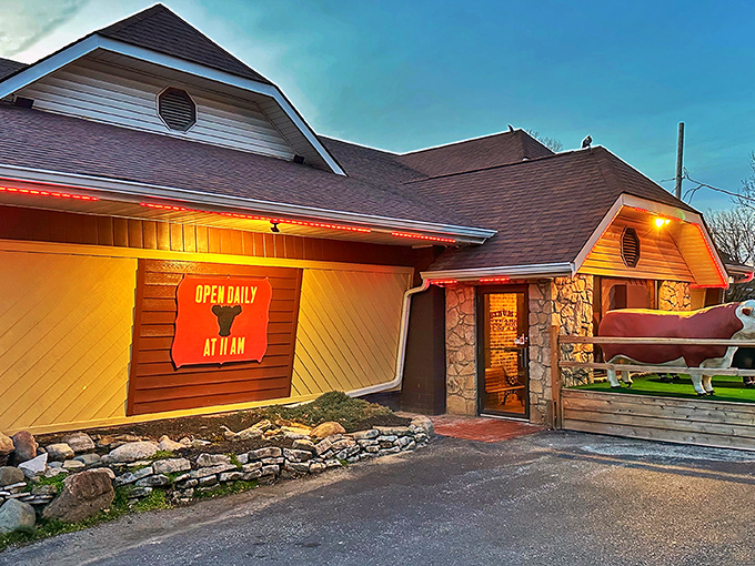 The unassuming exterior of Bynum's Steakhouse proves the old adage: never judge a restaurant by its stone facade. Culinary treasures await inside! 
