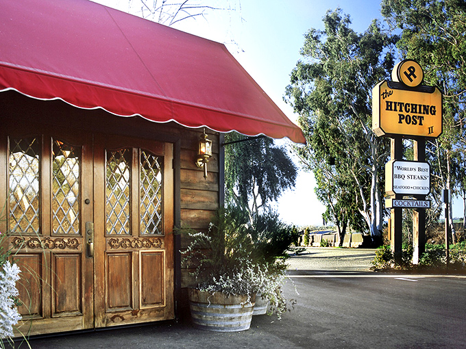 The iconic red awning and wooden doors of Hitching Post 2 welcome you like an old friend who happens to make the best steaks in California.