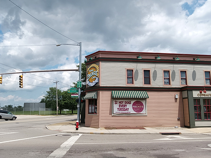 The corner building that launched a thousand cravings. Tony Packo's iconic exterior stands proudly in Toledo, green awnings beckoning hungry visitors.