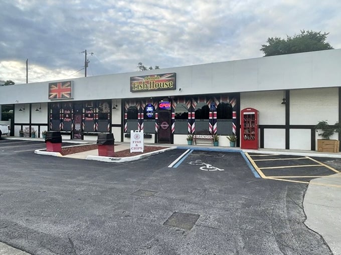 The Union Jack beckons from this unassuming strip mall, promising a British culinary escape without the hassle of international travel.