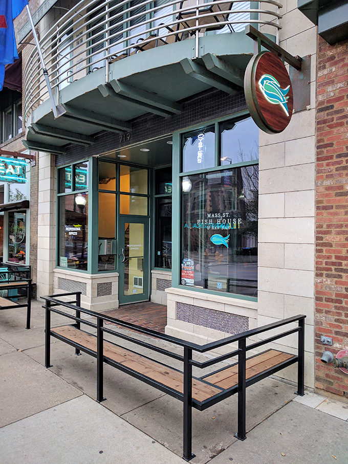 The iconic blue fish sign beckons seafood lovers like a lighthouse for the landlocked. A maritime oasis on Massachusetts Street.