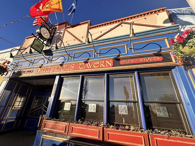The blue facade of Two Fools Tavern stands out like a Celtic oasis in Albuquerque's Nob Hill, complete with flags announcing its Irish heritage.