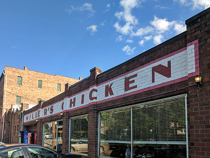 The iconic brick fa&ccedil;ade of Miller's Chicken stands as Athens' monument to comfort food, complete with seasonal poinsettias that say "we care about the details."