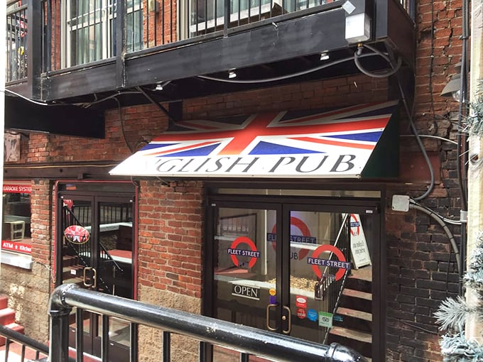 The Union Jack awning beckons like a British embassy on Nashville soil. This brick-faced pub promises authentic flavors in the heart of Printer's Alley.