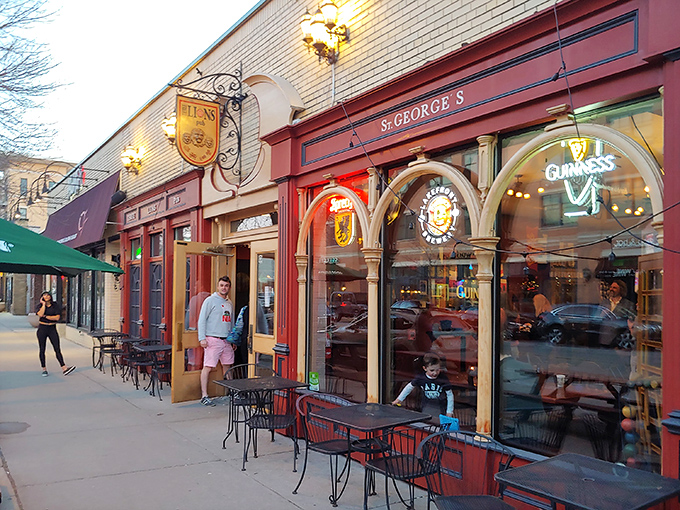 The iconic red facade of Three Lions Pub beckons like a British embassy on Wisconsin soil, promising authentic flavors and football matches on the telly.