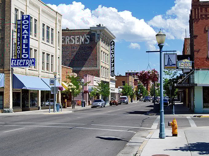 Historic downtown Pocatello showcases its architectural charm with stone facades and red awnings. Small-town America at its most photogenic.