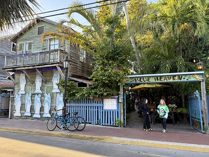 The iconic blue gates of Blue Heaven welcome you like old friends, promising tropical delights and Key West charm beyond the threshold.