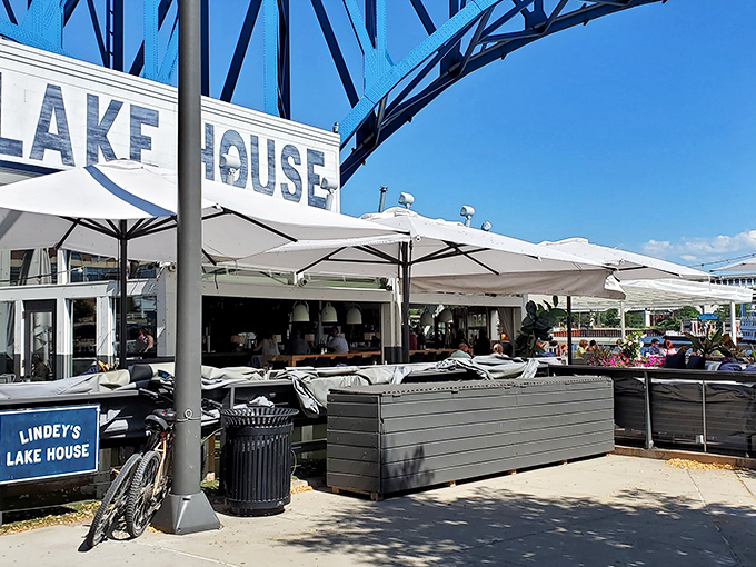 Lindey's Lakehouse stands proudly beneath Cleveland's iconic blue bridge, like a culinary lighthouse beckoning hungry travelers to safe, delicious harbor.