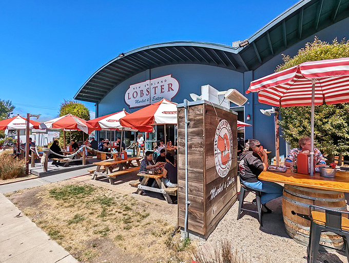 East Coast charm meets West Coast sunshine at this blue-hued seafood haven, where red umbrellas invite you to dive into lobster bliss just minutes from SFO.