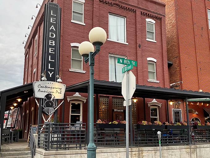 LeadBelly's iconic brick exterior stands proudly in Lincoln's Haymarket District, a beacon for comfort food pilgrims seeking cheesy salvation.
