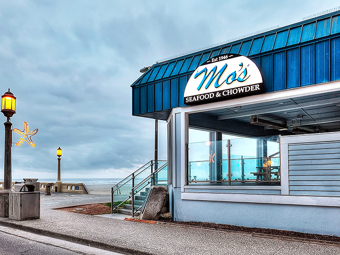 The blue-roofed beacon of seafood salvation sits perfectly positioned on Seaside's promenade, where ocean views come standard with every meal.