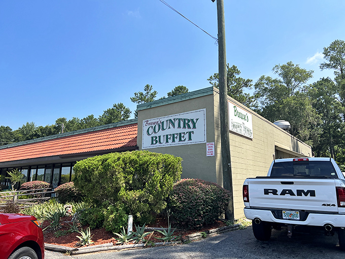 The unassuming exterior of Brown's Country Buffet proves once again that the best Southern food often hides behind the most modest facades.