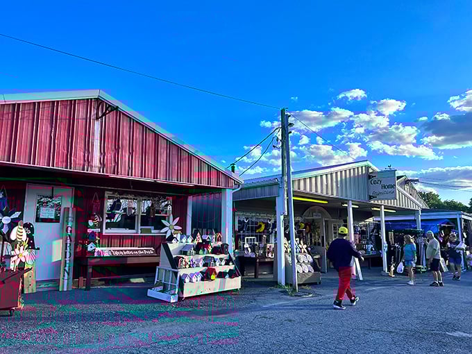 The iconic red and white buildings of Green Dragon Market stand like beacons of treasure-hunting possibility under perfect Pennsylvania blue skies.