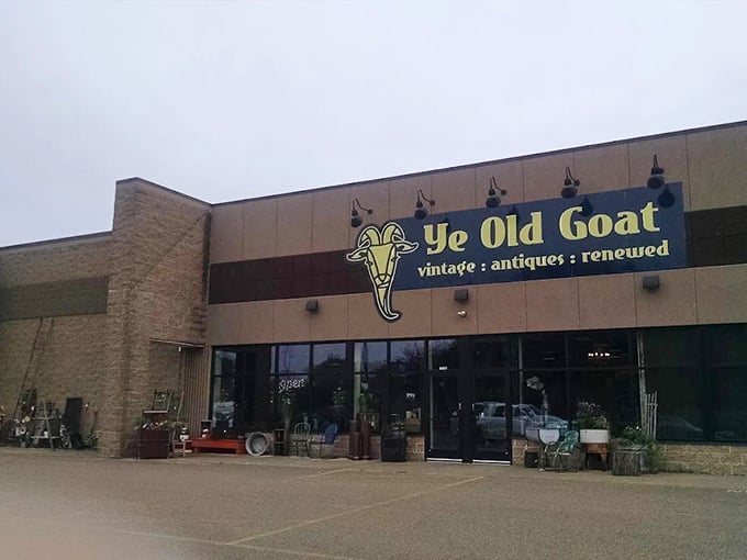 The iconic blue sign welcomes treasure hunters with its whimsical goat logo&mdash;a promise of vintage delights waiting inside.