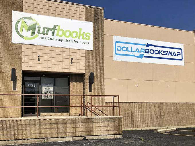The unassuming exterior of Dollar Book Swap in Dayton&mdash;proof that literary treasures often hide in plain sight, waiting for curious minds.