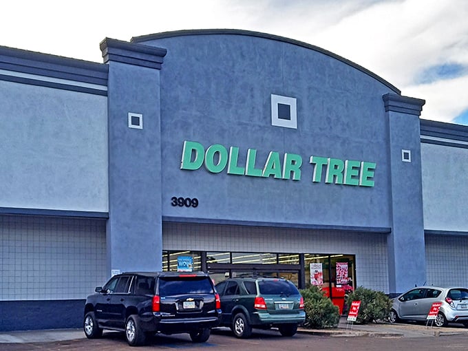The emerald beacon of bargains! Dollar Tree's distinctive green signage stands out against the Arizona sky, promising air-conditioned relief and wallet-friendly treasures inside.
