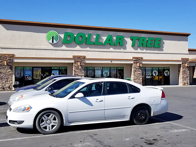 The iconic green signage glows like a budget-friendly beacon in the desert, promising treasures that won't empty your wallet.