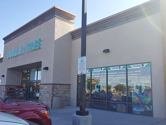 The beige stucco exterior with its iconic green signage stands like a beacon of bargains under New Mexico's famously blue skies.