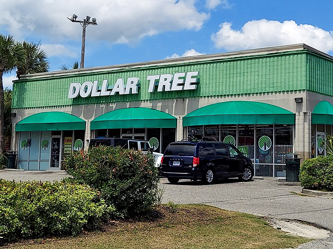 The iconic mint-green facade of Dollar Tree on Kings Highway welcomes bargain hunters with its distinctive awnings and promise of treasures within.