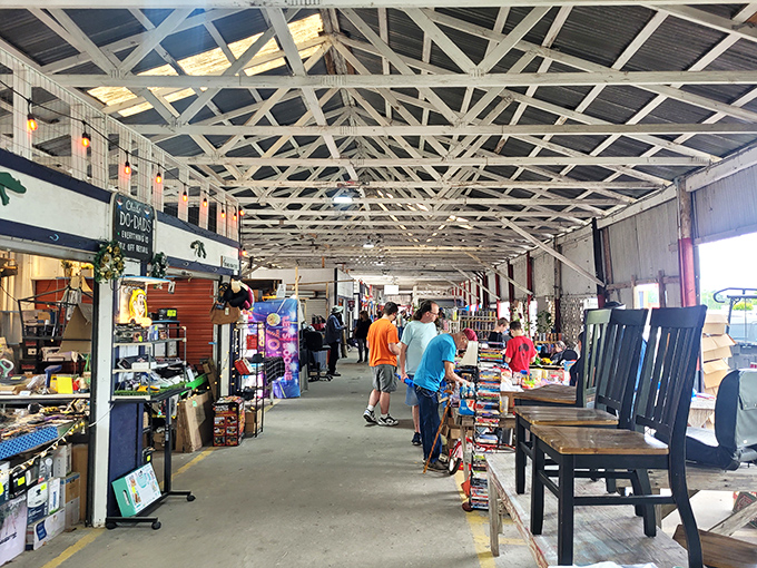 Welcome to treasure-hunting headquarters! Waldo's Antique Village stands proudly against the Florida sky, promising adventures in bargain-hunting behind those white walls.