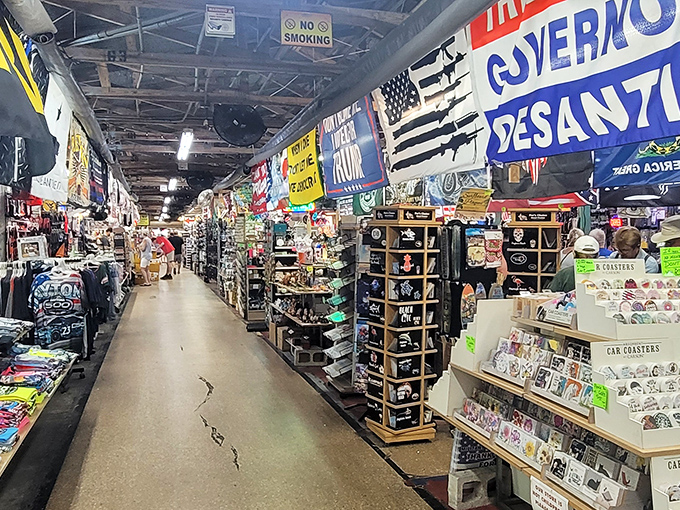 Treasure hunters navigate a kaleidoscope of beach-themed souvenirs. Like an archaeological dig, but with fewer mummies and more flamingo figurines.