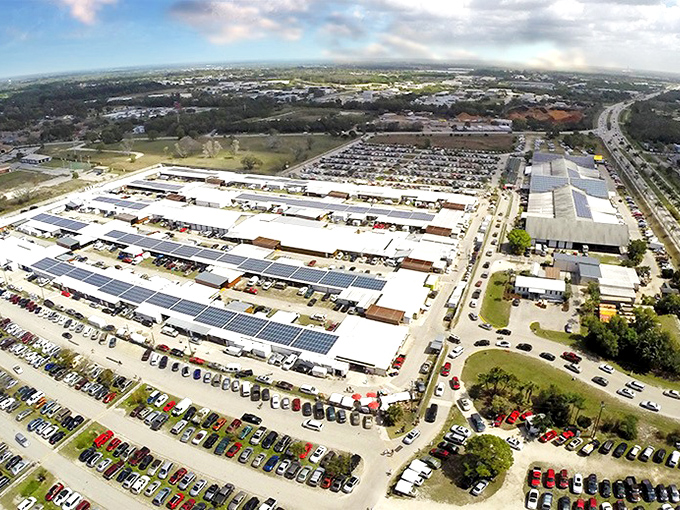 From this bird's-eye view, Fleamasters resembles a small city of commerce where treasure hunters plot their bargain-seeking strategies across acres of shopping potential.