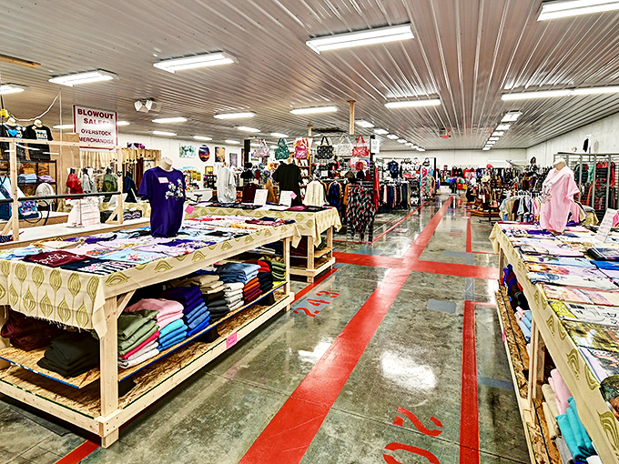 Wide aisles with blue-striped floors guide you through this treasure hunter's paradise. The metal ceiling reflects both light and possibility.