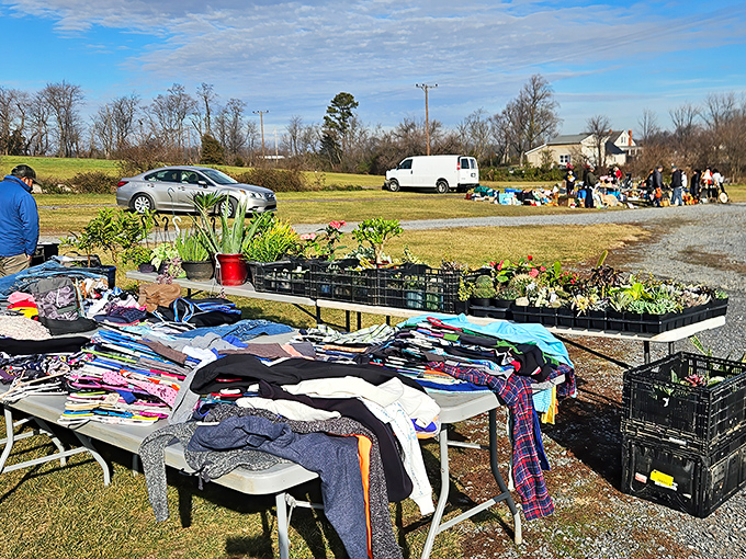 Outdoor vendors display handcrafted leather goods under pop-up tents. The treasure hunt begins before you even step inside!