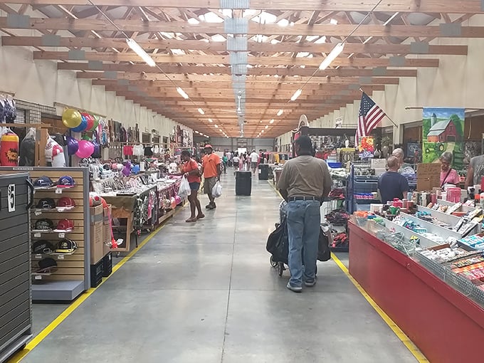 The iconic red-roofed entrance beckons bargain hunters like a retail Shangri-La. Cars fill the lot as shoppers prepare for treasure-hunting adventures.