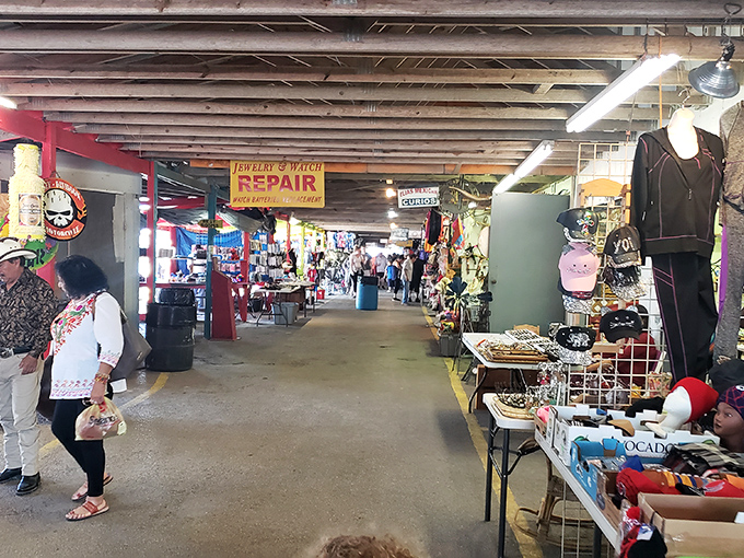The treasure hunt begins! Wooden beams and blue columns frame this indoor bazaar where one person's castoffs become another's prized possessions.