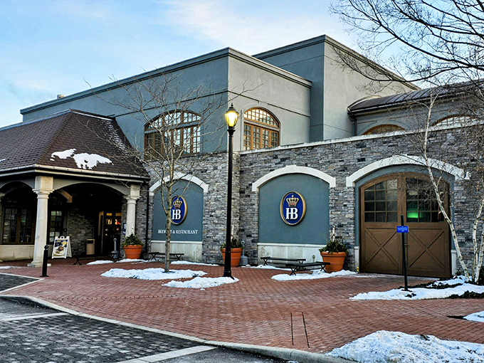The impressive Bavarian-inspired architecture of Hofbr&auml;uhaus Columbus stands proudly against an Ohio sky, promising authentic German experiences without the transatlantic flight.