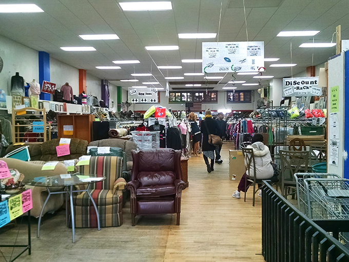 The treasure hunter's paradise unfolds before you &ndash; racks of clothing, furniture islands, and endless possibilities await in this Philadelphia secondhand wonderland.