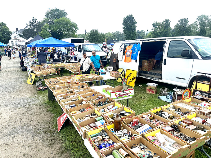 Treasure hunters navigate the bustling aisles on a perfect New England morning. The thrill of the hunt is palpable in the autumn air.