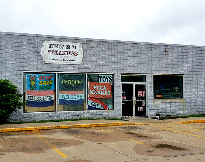 The unassuming exterior of New 2 U Treasures hides a universe of collectibles within. Like a treasure chest disguised as a concrete block.