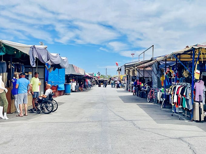 A bargain hunter's paradise stretches to the horizon under Nevada's impossibly blue sky. The colorful canopy city of Broadacres awaits exploration.